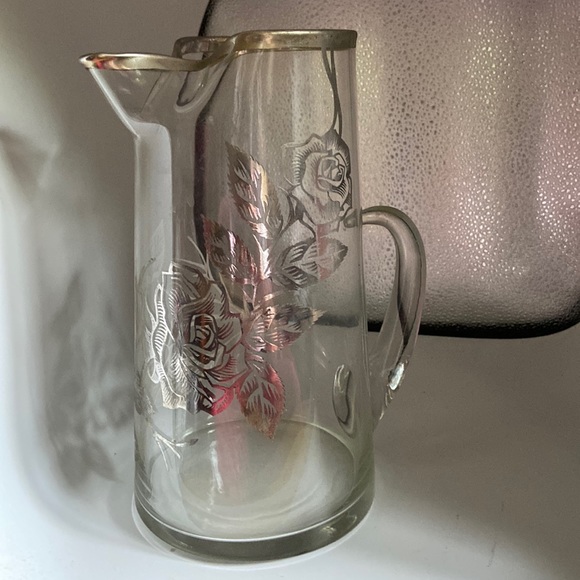 Dining | Glass Pitcher With Silver Roses Decorating It No Chips No ...